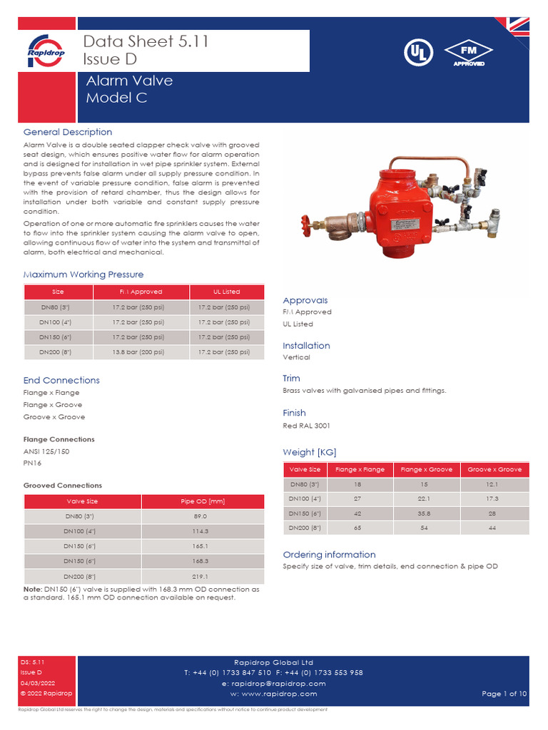 Rapidrop Alarm Valve Model C Data Sheet | PDF | Valve | Fire Sprinkler ...