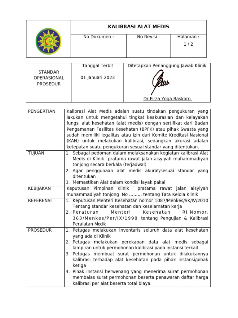 1.3 Spo Kalibrasi Alat Medis | PDF