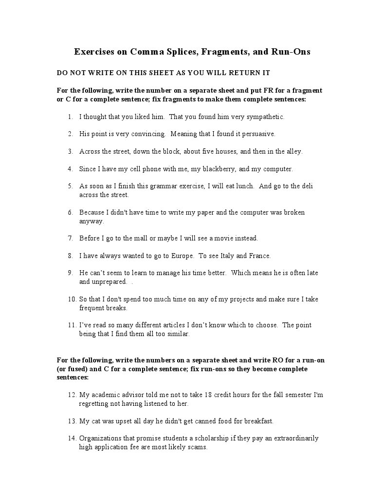 Comma Splices and Sentence Fragments Exercises | PDF
