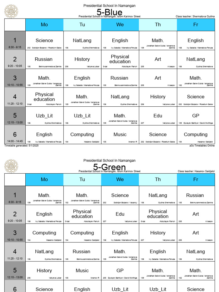 Timetable for Presidential School | PDF | Mathematics