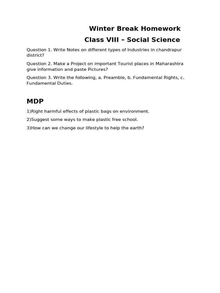 Winter Break Homework for Class VIII | PDF
