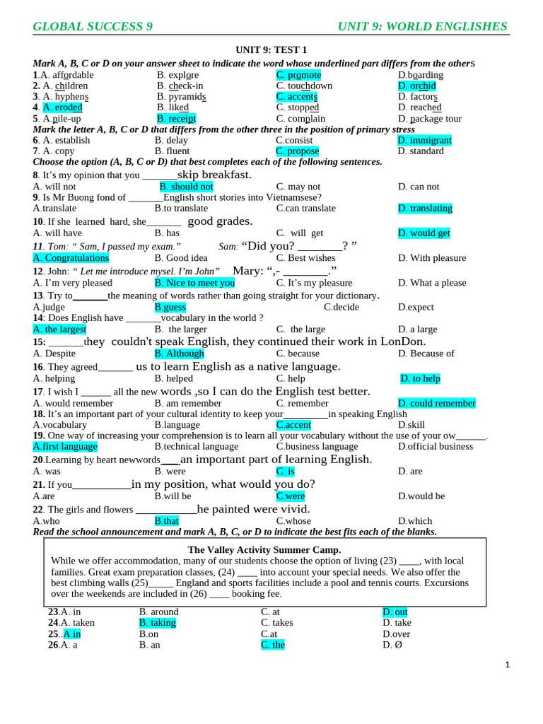 Unit 9 (Practice Test) - Key | PDF | English Language | Foreign Language