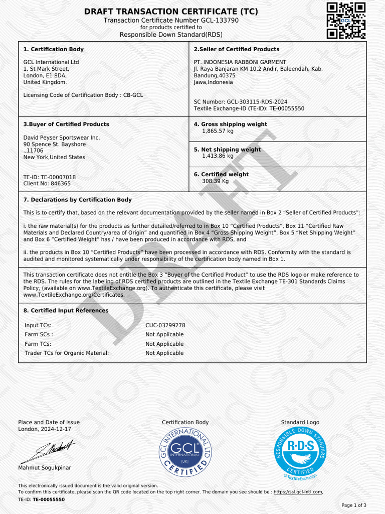 Transaction Certificate 303115 133790 | PDF | Clothing