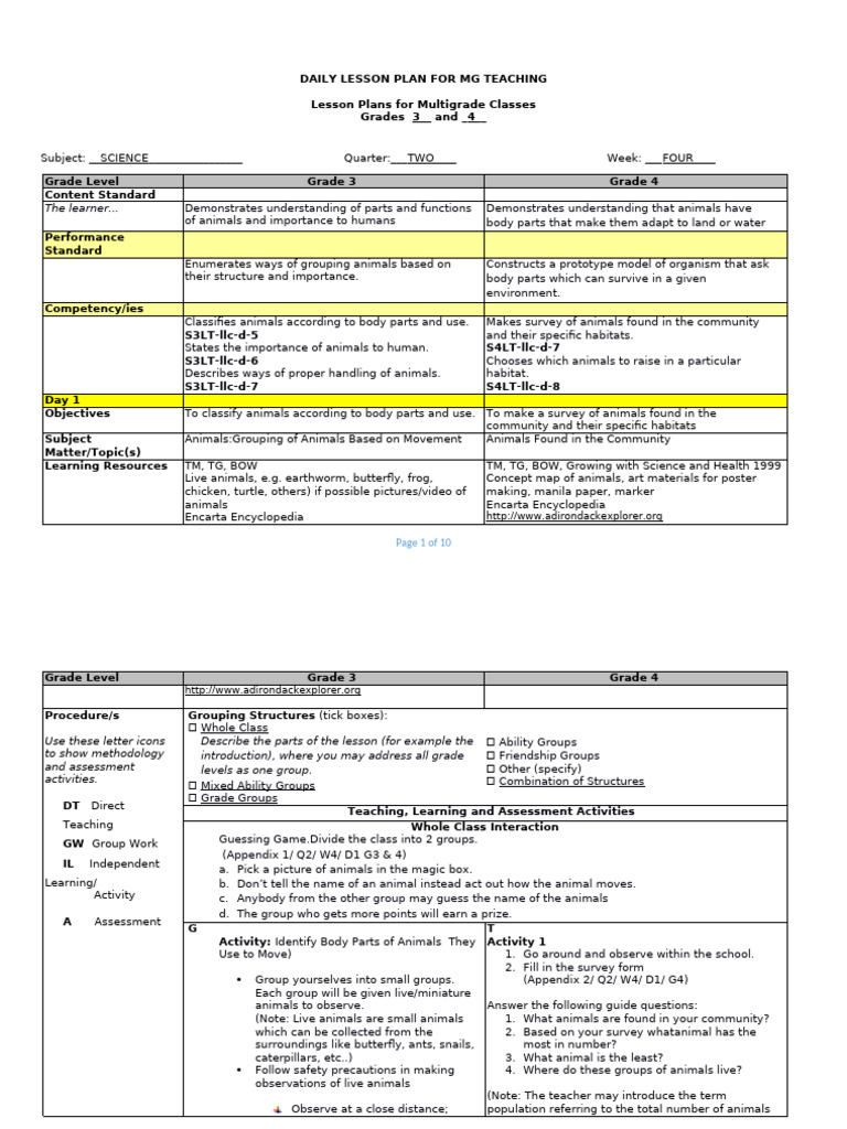 Multigrade Science Lesson Plan: Animals | PDF | Lesson Plan | Learning