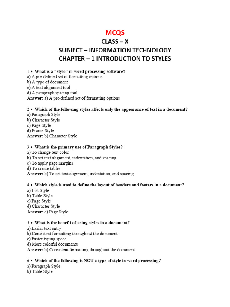 Class 10 MCQs on Styles in IT | PDF | Paragraph | Computing