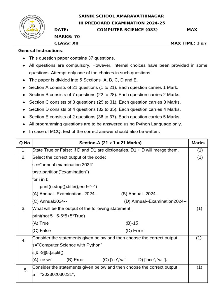 Class 12 Cs QP 3rd Preboard | PDF | Table (Database) | Sql