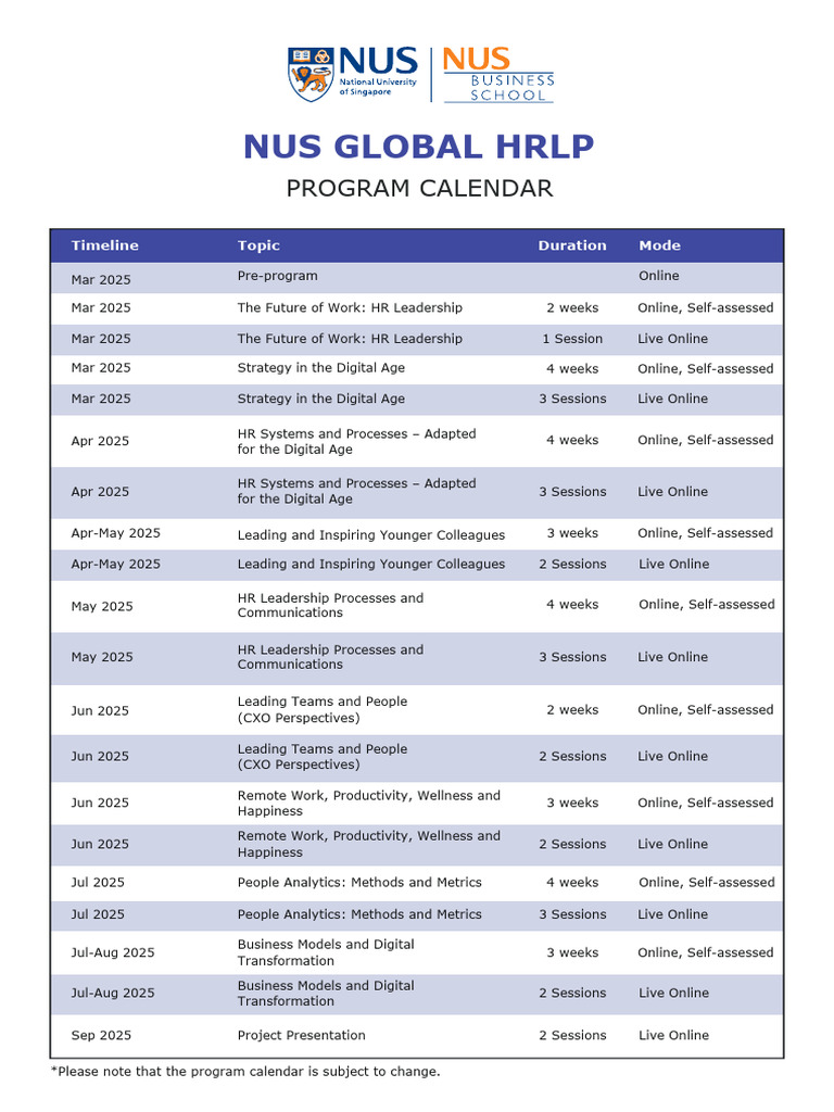 NUS HRLP Program Schedule | PDF