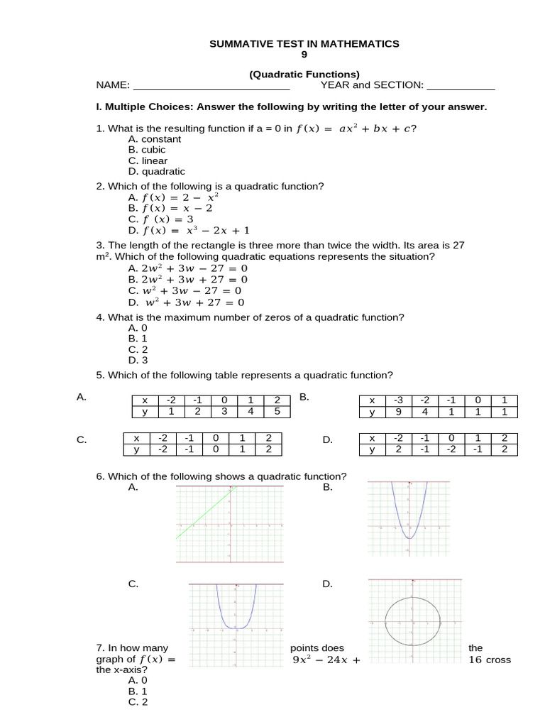 Summative Test in Mathematics 9 Quadratic Functions | PDF | Quadratic ...