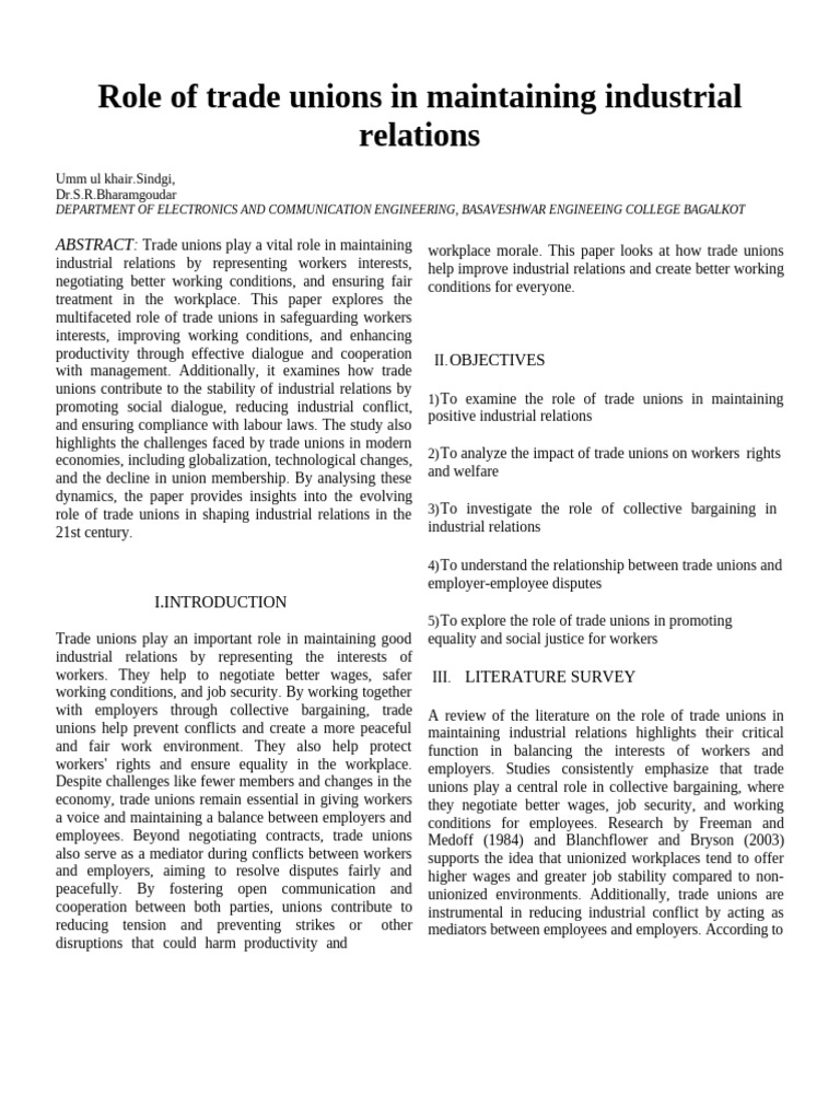 Role of Trade Unions in Maintaining Industrial Relations: Objectives ...