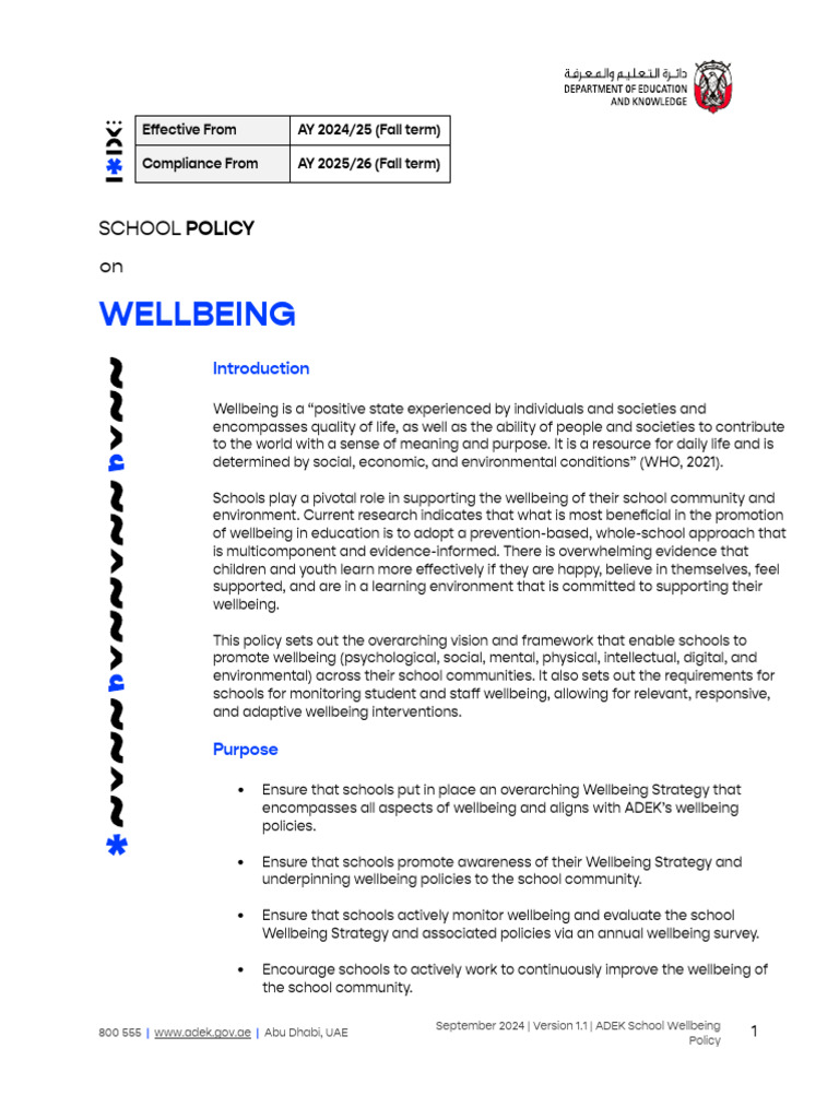 ADEK - S - Wellbeing Policy - EN | PDF | Well Being | Evaluation