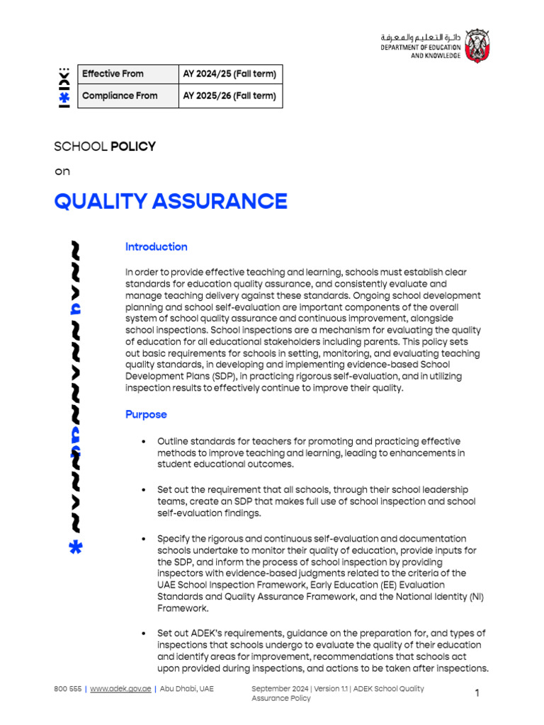 ADEK School Quality Assurance Policy | PDF | Evaluation | Teachers