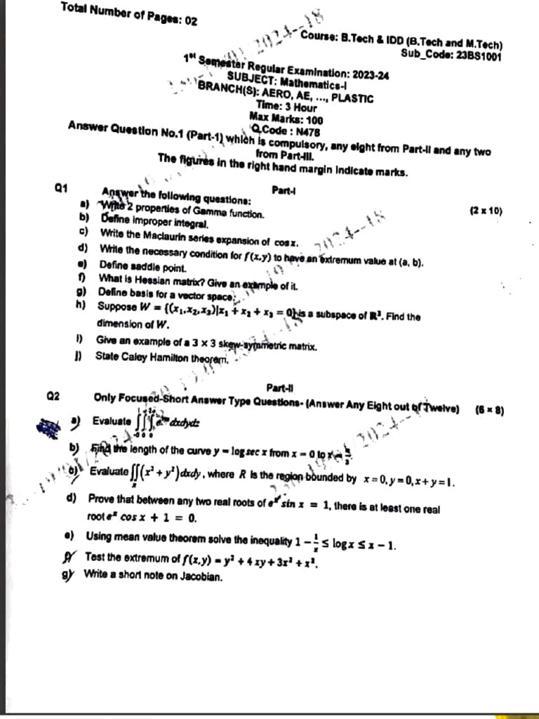 B.Tech Mathematics Exam Questions 2023-24 | PDF | Matrix (Mathematics ...