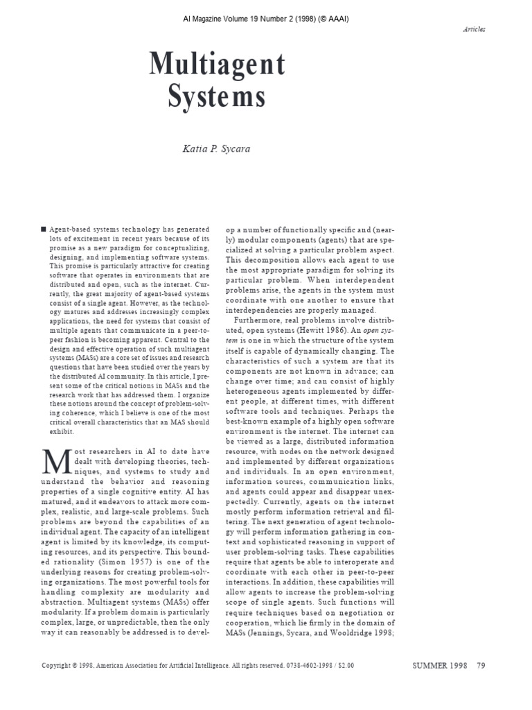 Artigo - Multiagent Systems - Katia Sycara | PDF | Computing
