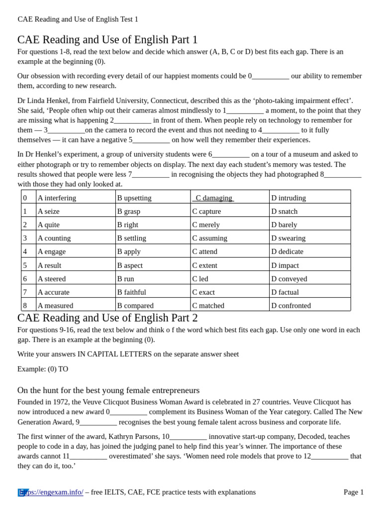 CAE Test 1 Reading and Use of English | PDF | Linguistics