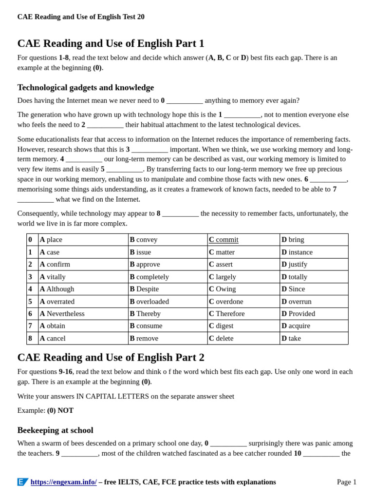 CAE Test 20 Reading and Use of English Practice (2024 Edition) | PDF ...