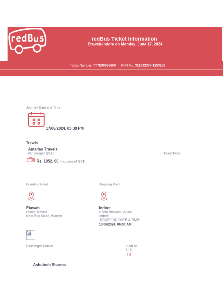 Redbus Ticket Etawah Indore | PDF