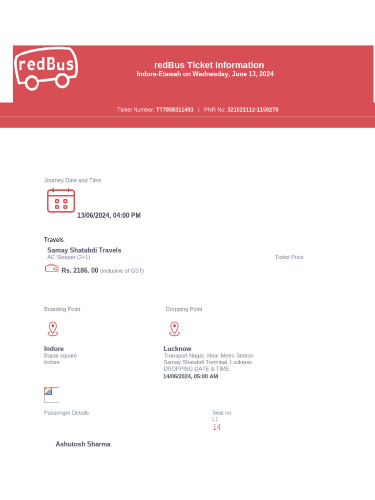 Redbus Ticket Indore Lucknow | PDF