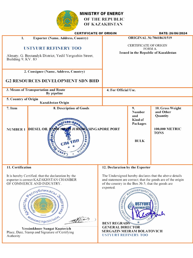 Certificate of Origin En590 10PPM. 24:06 | PDF