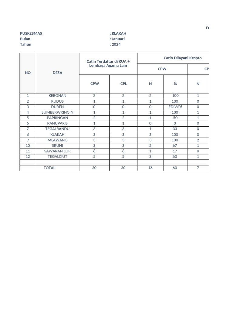 Laporan Catin Puskesmas 2024 Okt | PDF