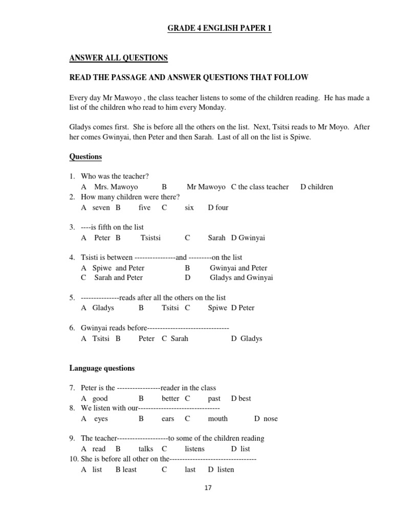 Zimbabwe Primary School ZIMSEC Grade 4 English Exam Paper 1 Set 2 | PDF