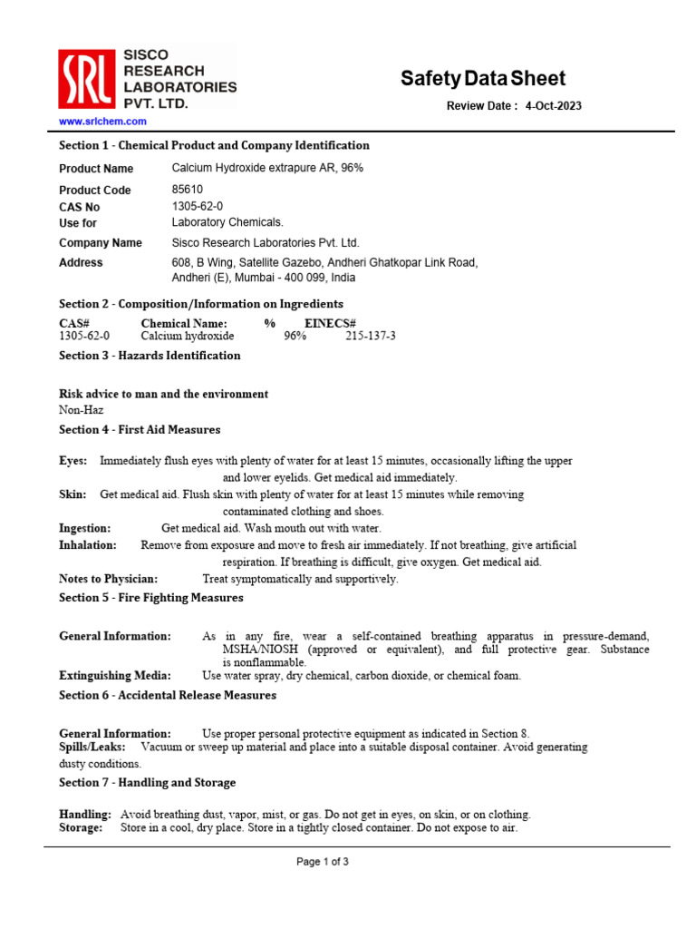 SRL SDS 1305 62-0-85610 Calcium Hydroxide Extrapure AR 96 | PDF ...