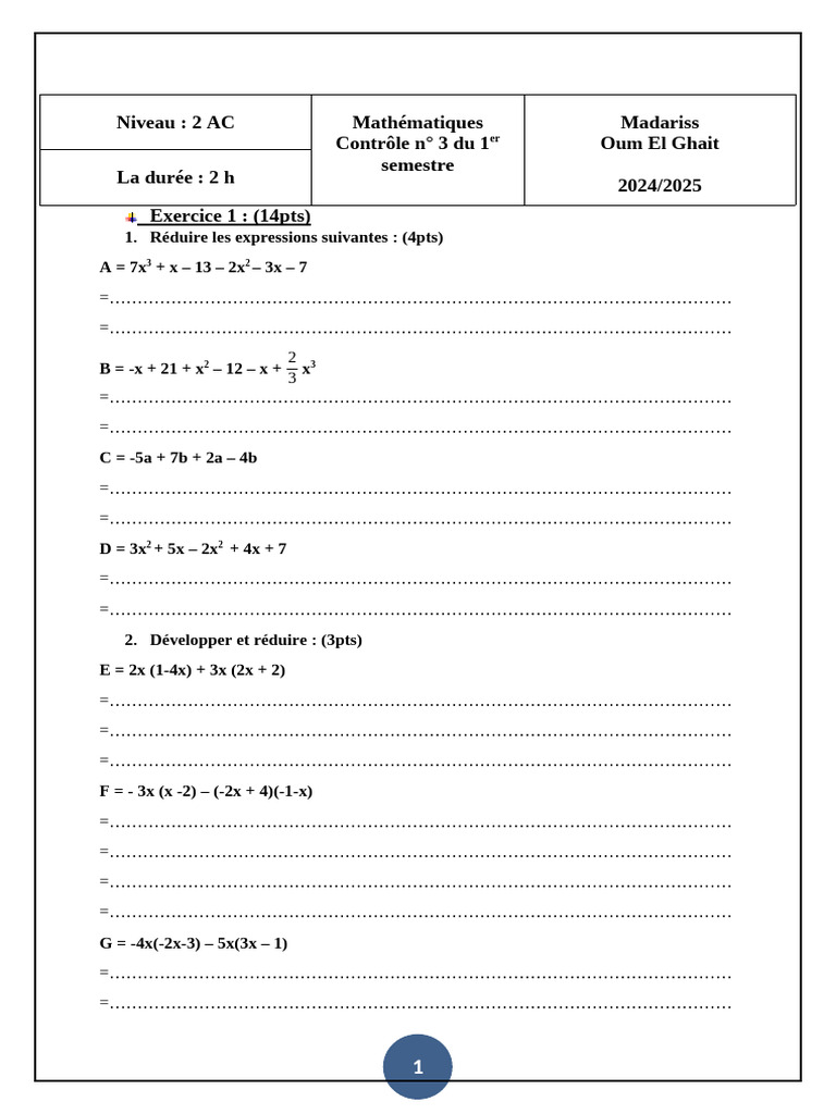Controle 3 S1 2AC MATHS | PDF
