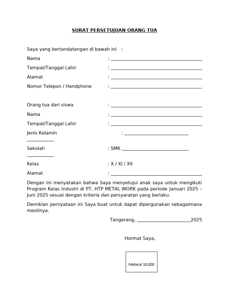Surat Persetujuan Orang Tua PKL NO. 282 PT. HTP METAL WORK | PDF