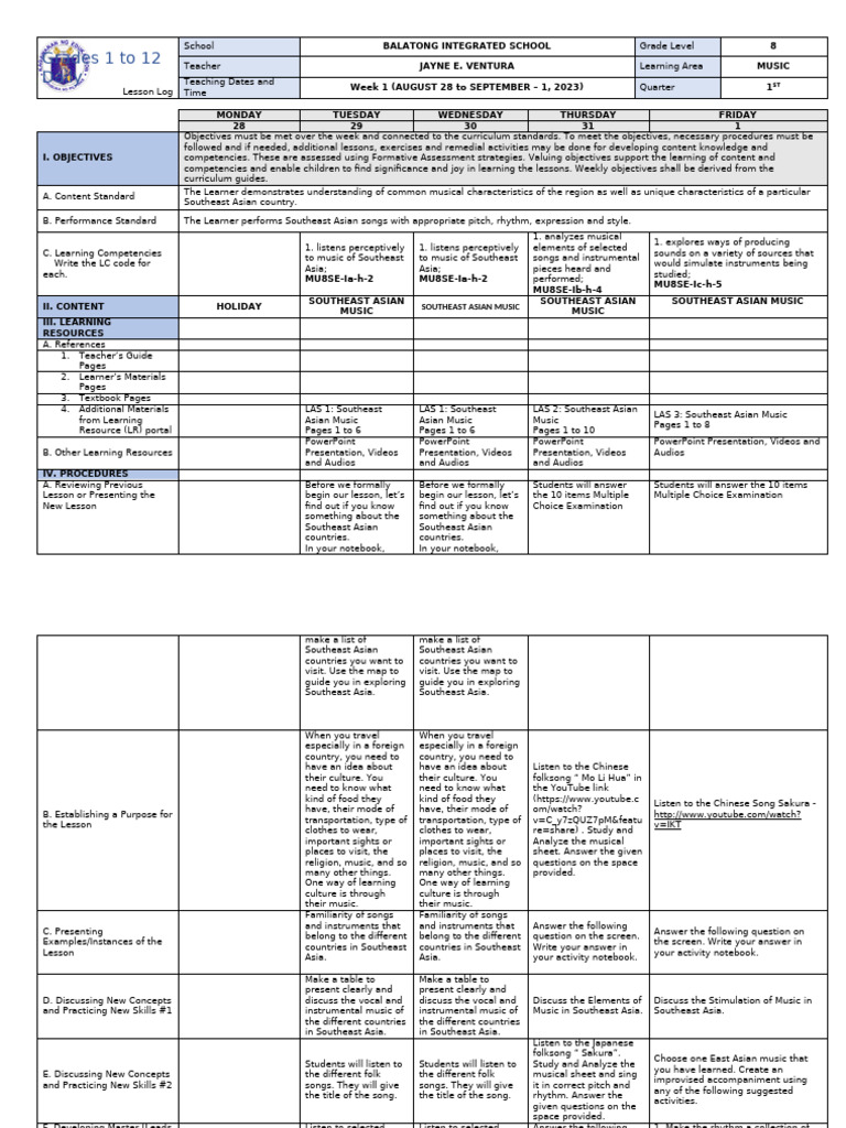 Grade 8 Music Lesson Plan: Southeast Asia | PDF | Learning | Teachers