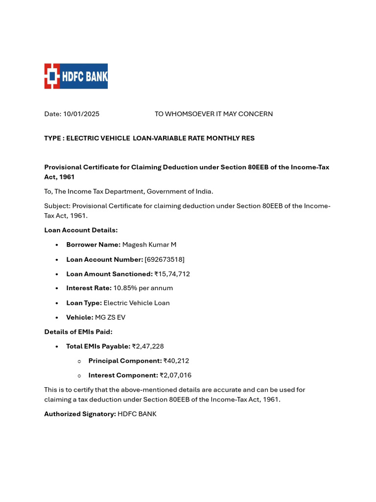 Electric Vehicle Loan Tax Deduction Cert. | PDF