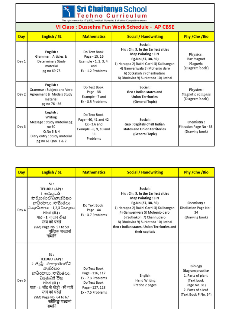 VI Class Dussehra Fun Work Schedule - AP CBSE | PDF