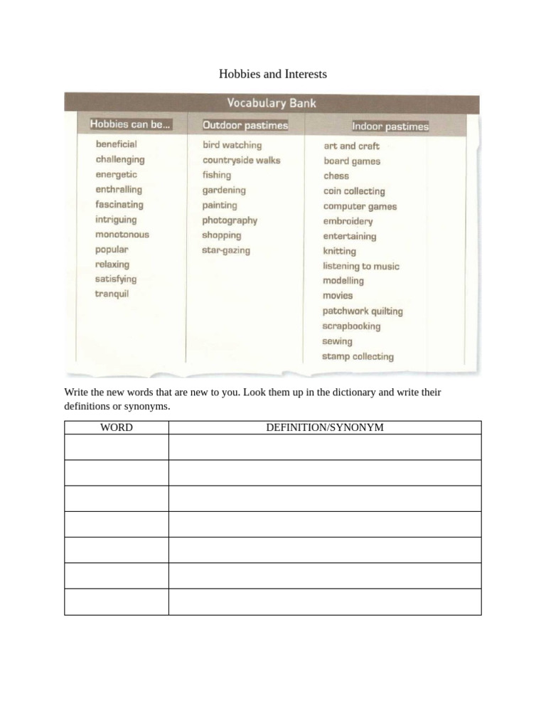 hobbies vocab | PDF