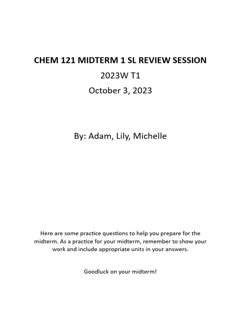 CHEM 121 Midterm 1 SL Review Session Worksheet ANSWERS | PDF | Electromagnetic Spectrum | Physics