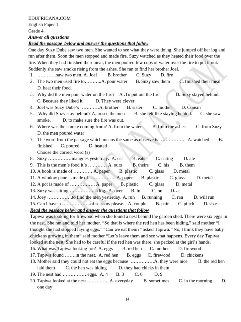 Zimbabwe Primary School ZIMSEC Grade 4 English Exam Paper 1 Set 1 | PDF ...