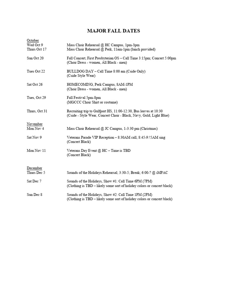 Major Fall Choir Events Schedule | PDF