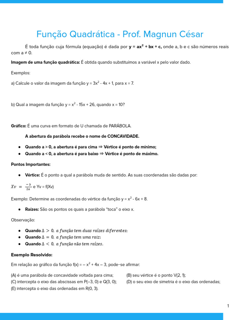 Função Quadrática | PDF | Função (Matemática) | Conceitos matemáticos