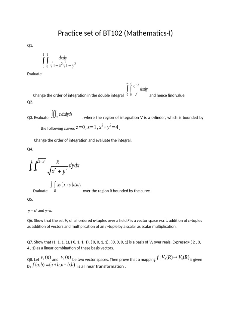 Practice set_BT102_UNIT-integral & vector space | PDF