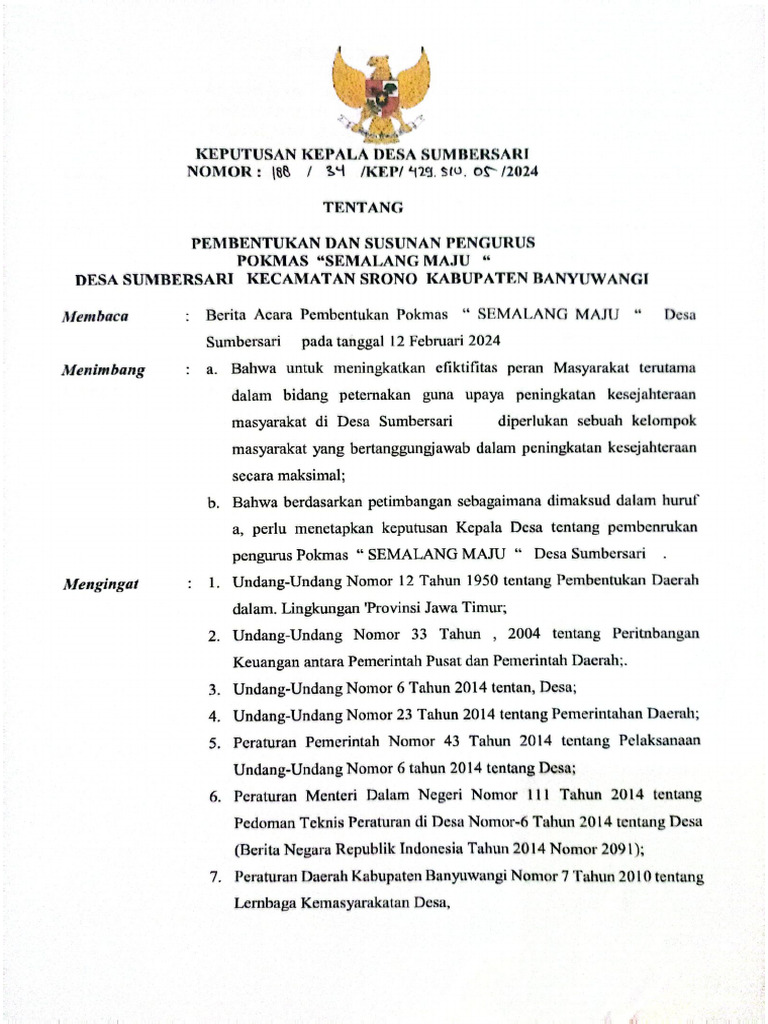 No 34 SK Tentang Pembentukan Dan Susunan Pengurus Pokmas Semalang Maju ...