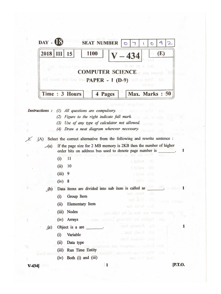 Maharashtra HSC Computer Science 1 Pyq 2018 | PDF