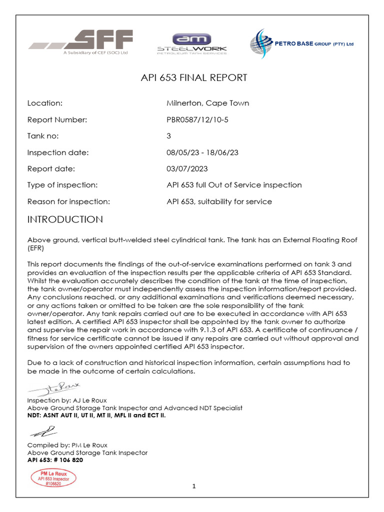 API 653 Inspection Report for Tank 3 | PDF | Leak | Nondestructive Testing