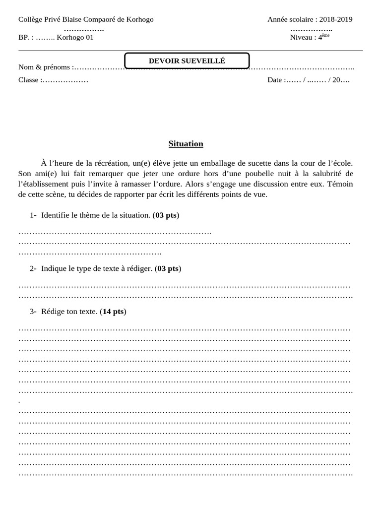 Devoir Dialogue Arg. 4è GSBC | PDF