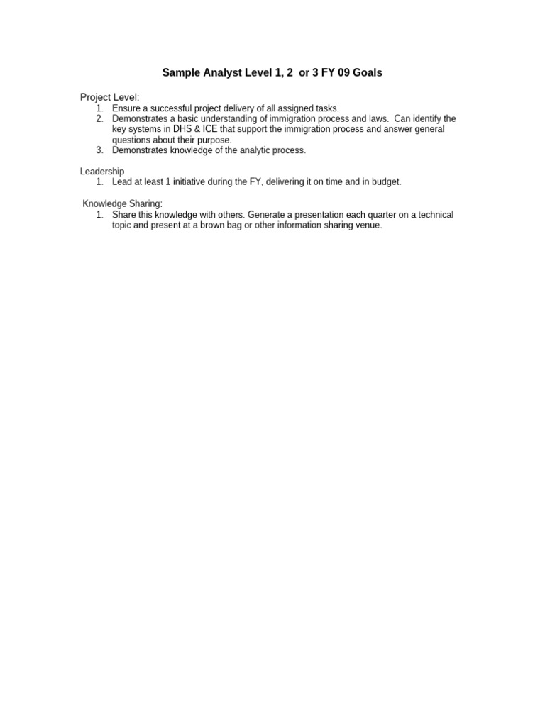Analyst (Level 1,2 3) Goals Example | PDF
