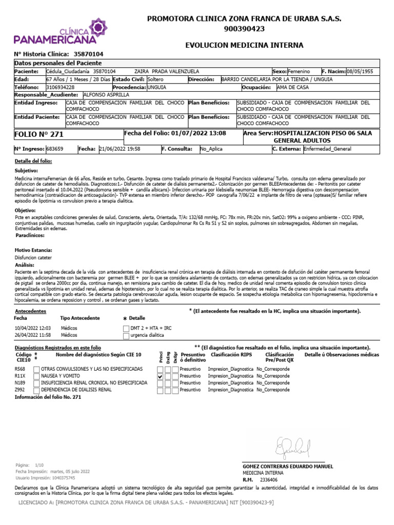 Zaira Prada Valenzuela | PDF | Hemodiálisis | Hospital