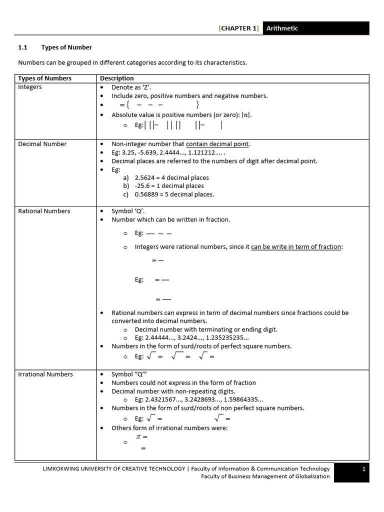 CHAPTER 1 - Arithmetic (CLEAN COPY) | PDF | Numbers | Decimal CHAPTER 1 - Arithmetic (CLEAN COPY) | PDF | Numbers | Decimal