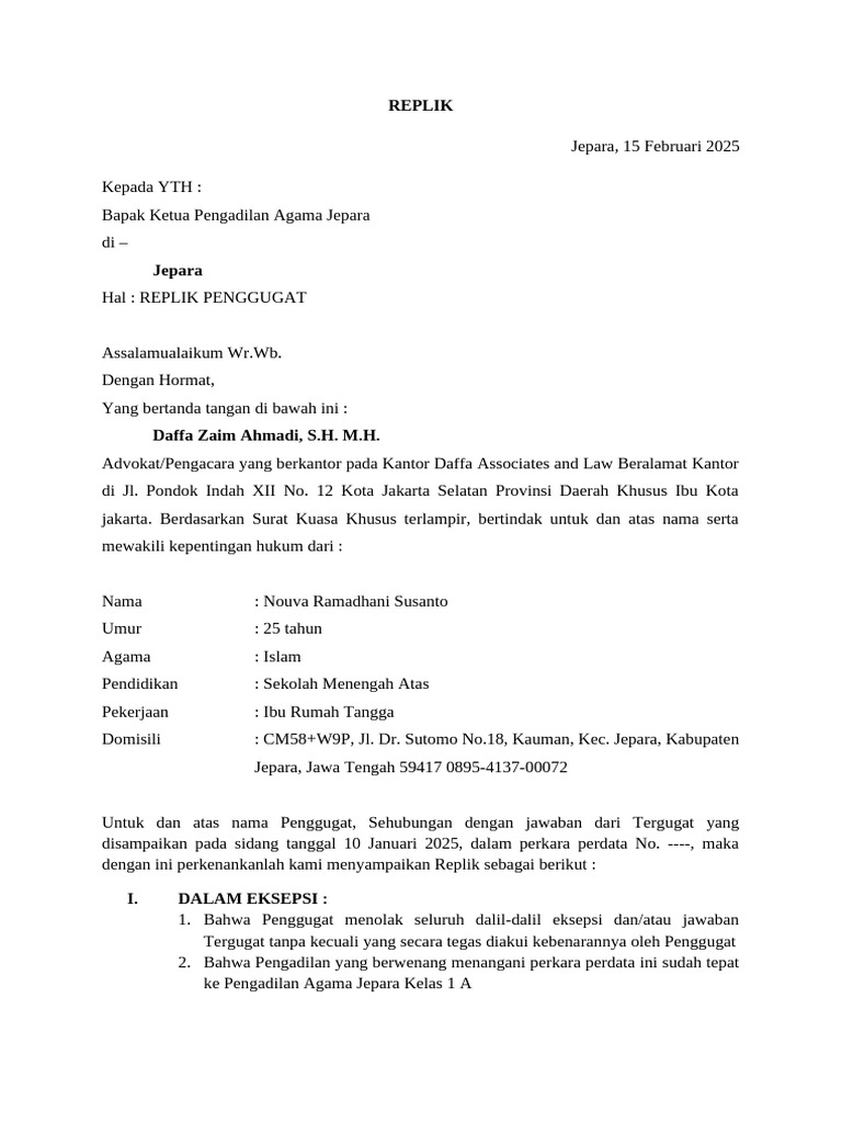 Replik Penggugat dalam Perkara Cerai | PDF