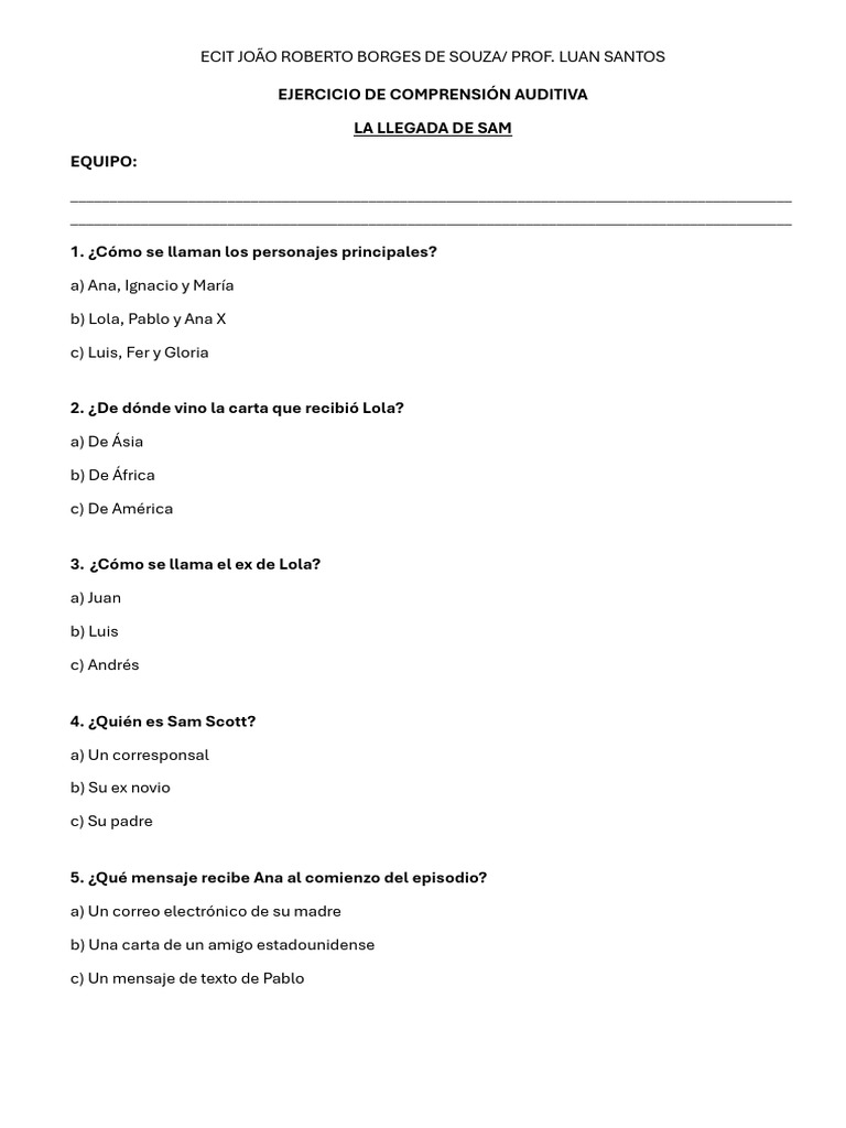 Ejercicio de Comprensión Auditiva (La Llegada de Sam) | PDF