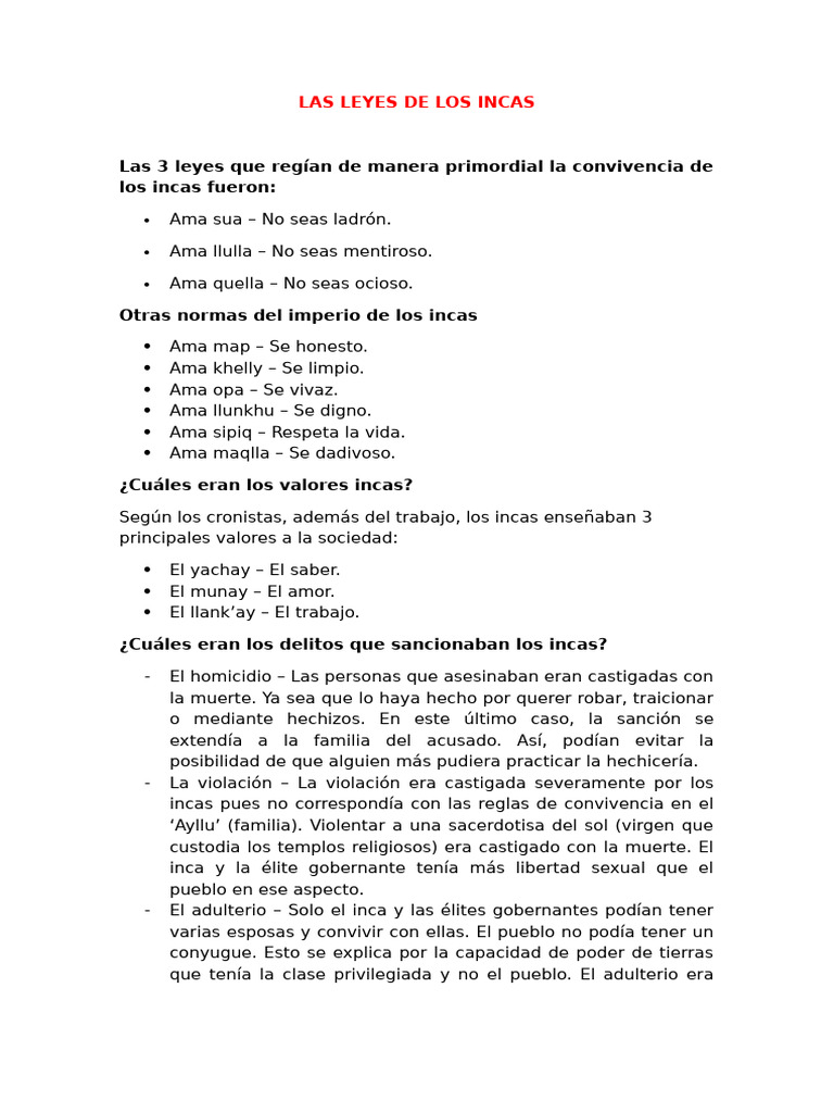 Las 3 leyes fundamentales de los incas | PDF