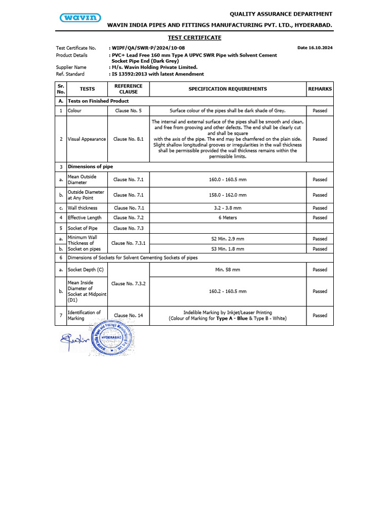 MTC08 - 160mm Type A SWR Pipe GSE IS 13592 | PDF | Pipe (Fluid ...