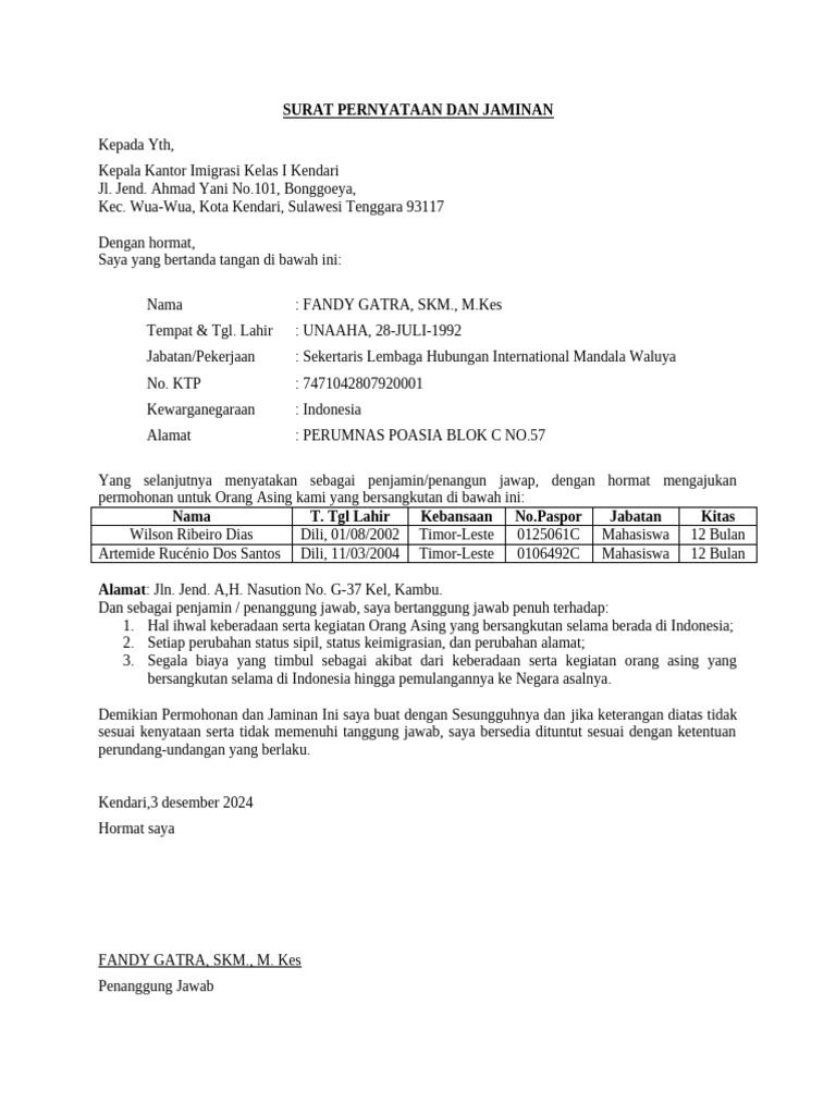 Contoh Surat Pernyataan Jaminan WNA | PDF