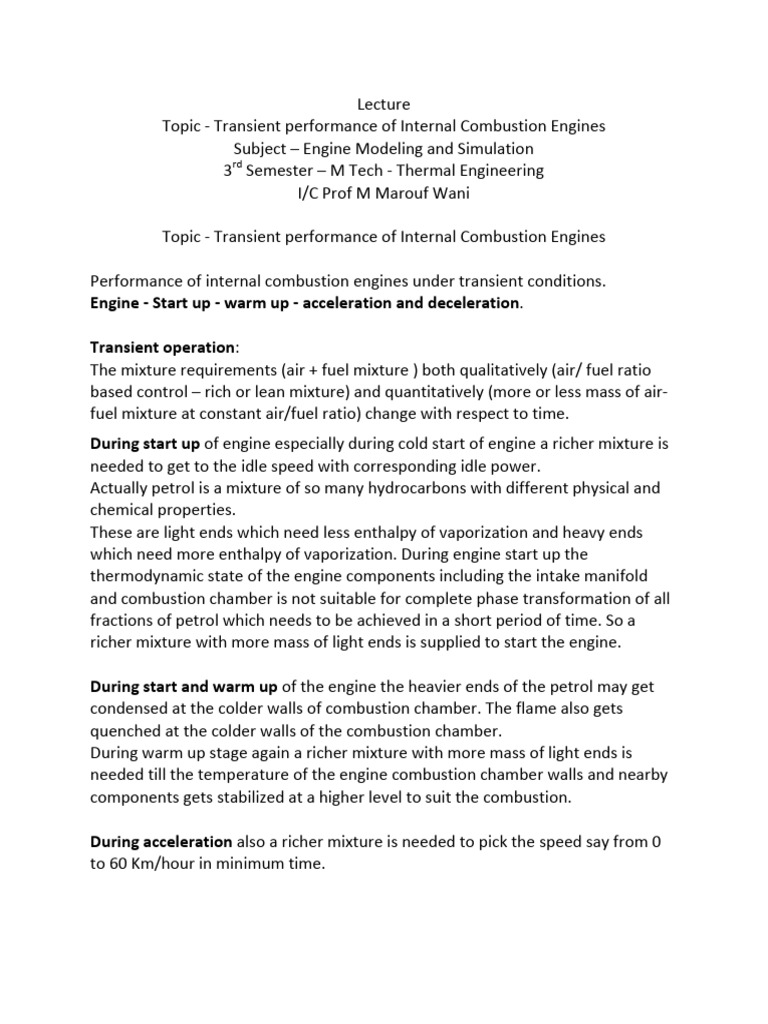 Lecture - Topic Transient Performance of Internal Combustion Engines ...