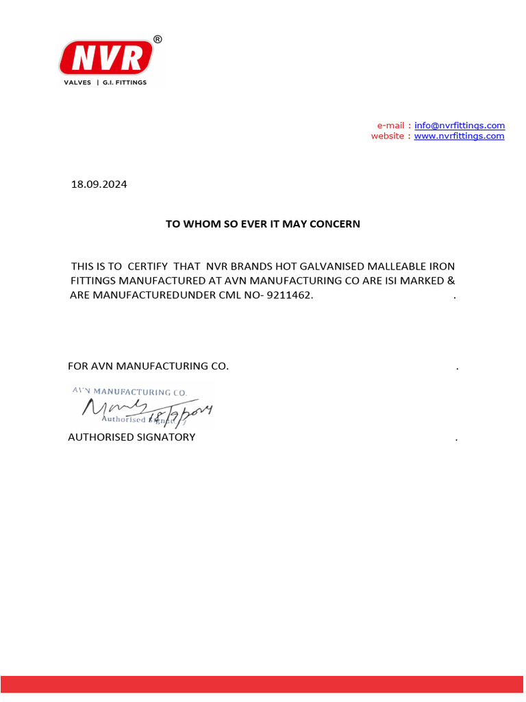 NVR ISI FITTINGS LETTER | PDF